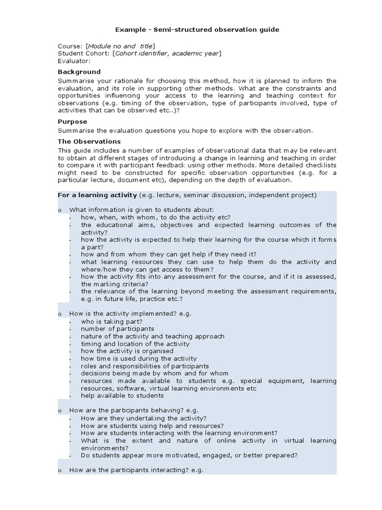 Example - Semi-Structured Observation Guide | PDF | Lecture ...