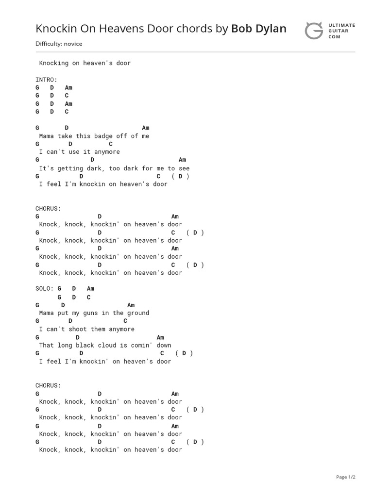 Knockin On Heavens Door Guitar Chords Knockin On Heavens Door | Guitar