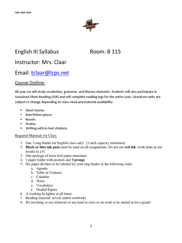 English III Syllabus 2019-20 | PDF | Homework | Learning