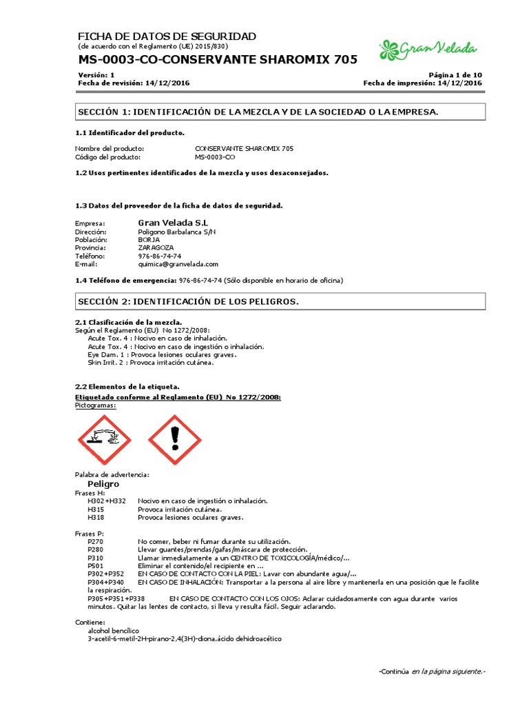 Ms-0003-Co - Conservante Sharomix 705 (Español) | PDF | Toxicidad | Carbón