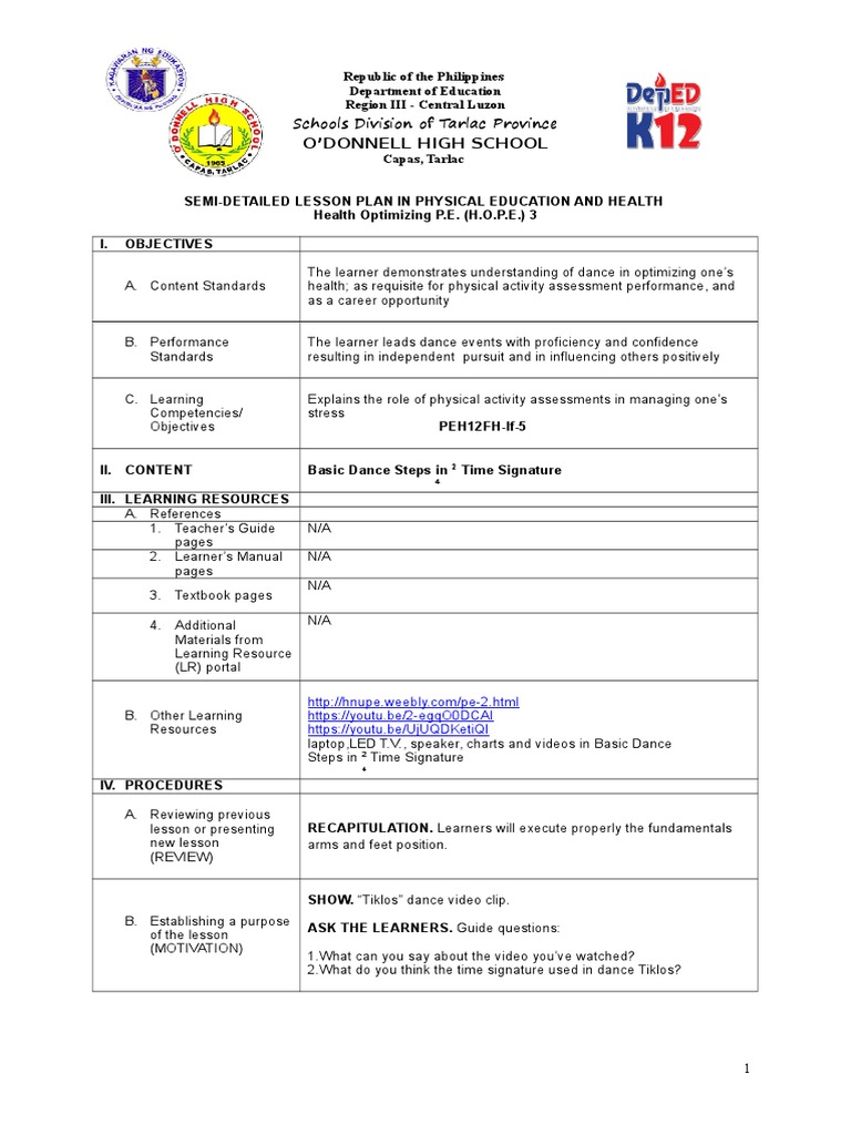 Basic Steps in Folk Dance Semi Detailed Lesson Plan | PDF | Dances ...