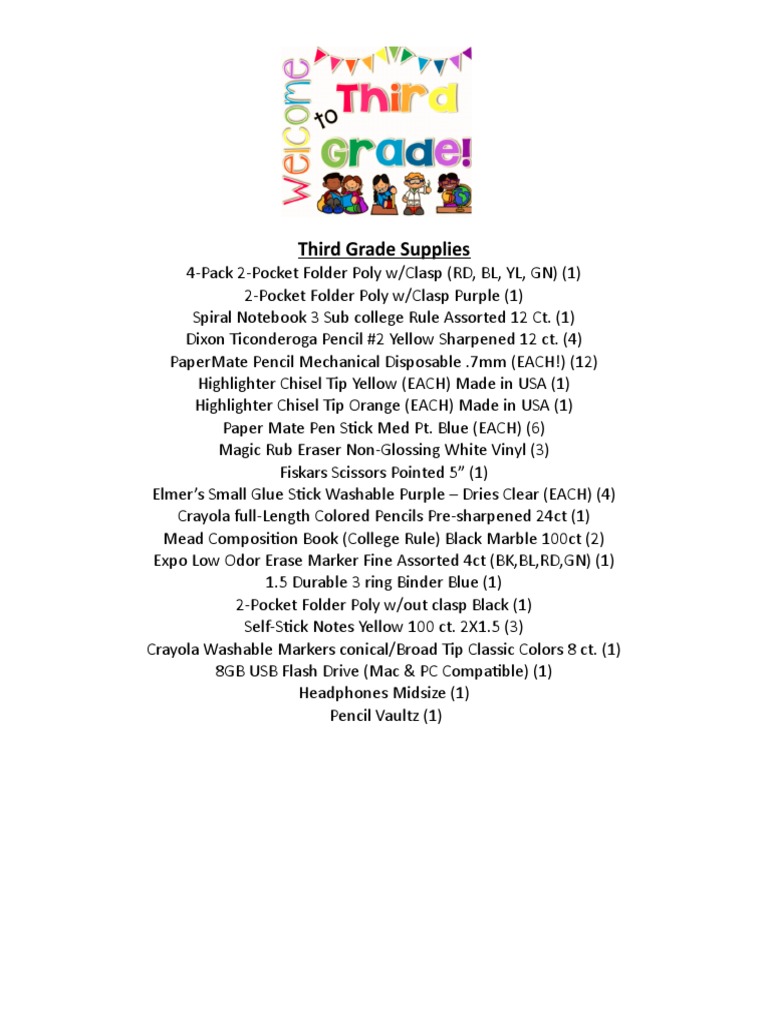 Essential Third Grade School Supplies | PDF