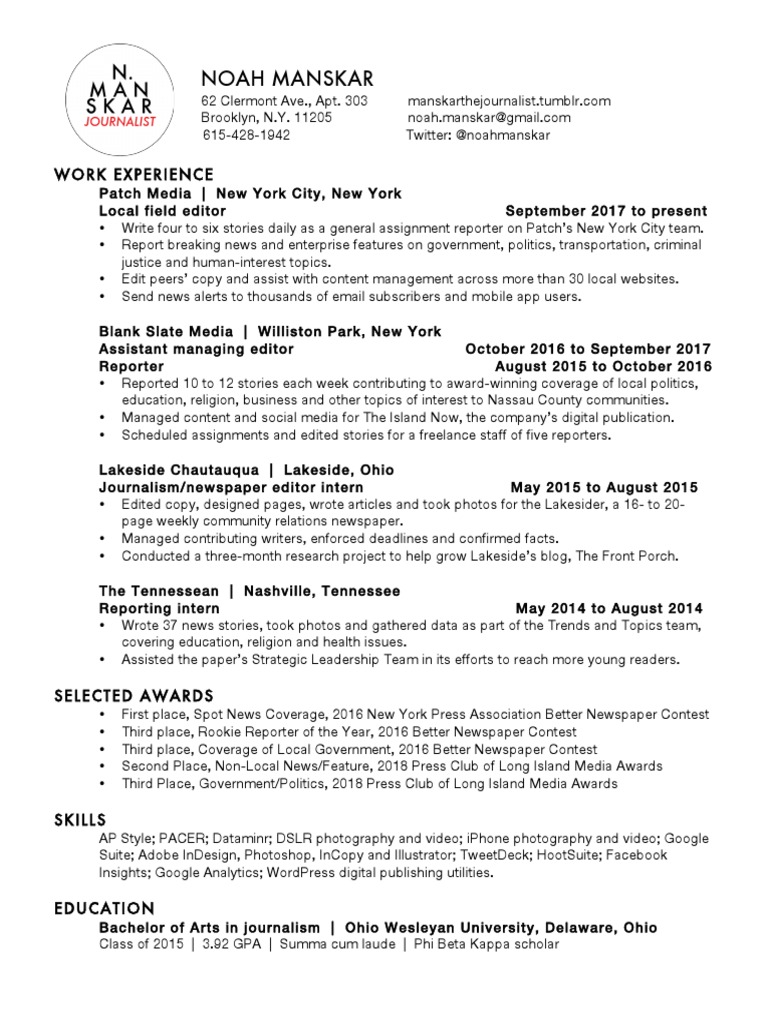 Noah Manskar: Work Experience | PDF | Newspapers | News