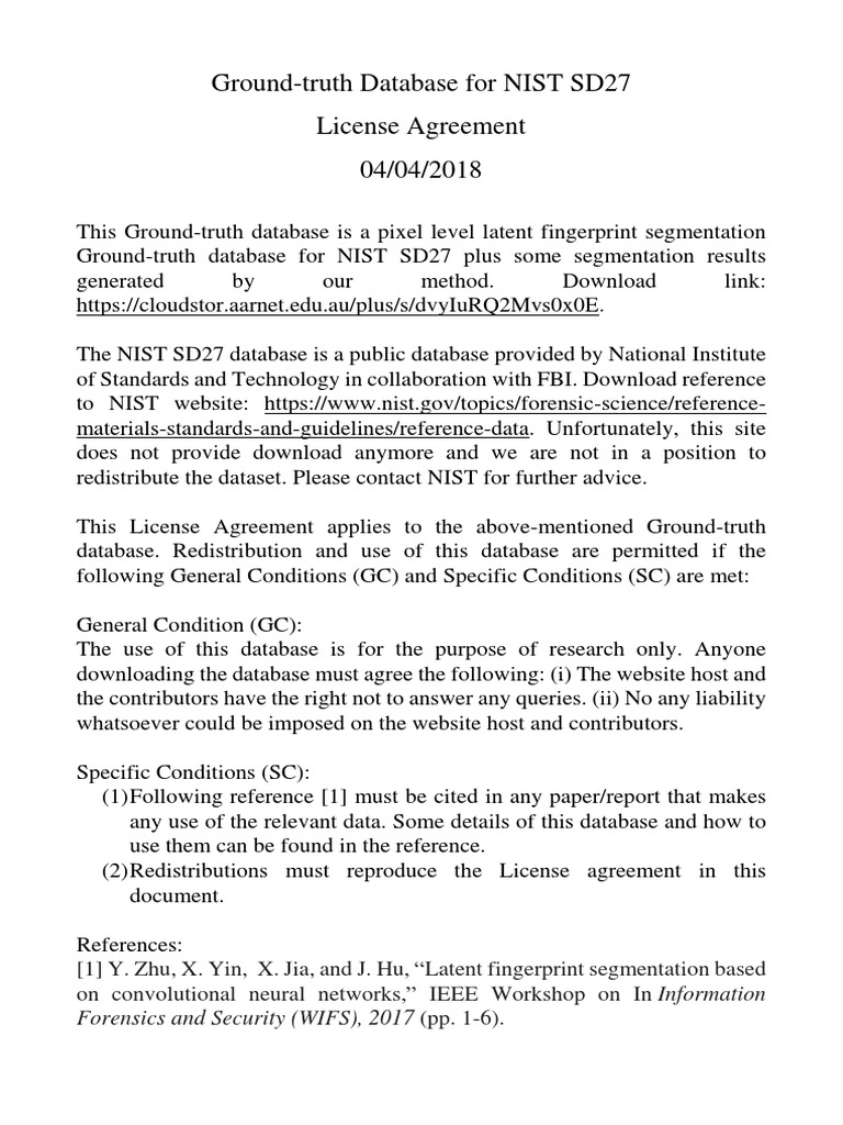 Ground-Truth Database for NIST SD27: License Agreement for ...