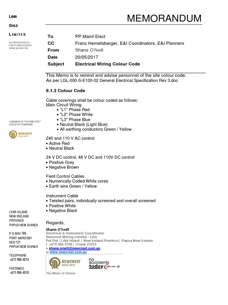 Electrical Memo - Electrical Wiring Colour Code | PDF