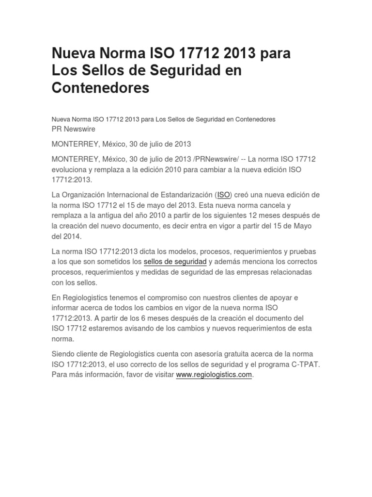Nueva Norma ISO 17712 2013 para Los Sellos de Seguridad en Contenedores ...