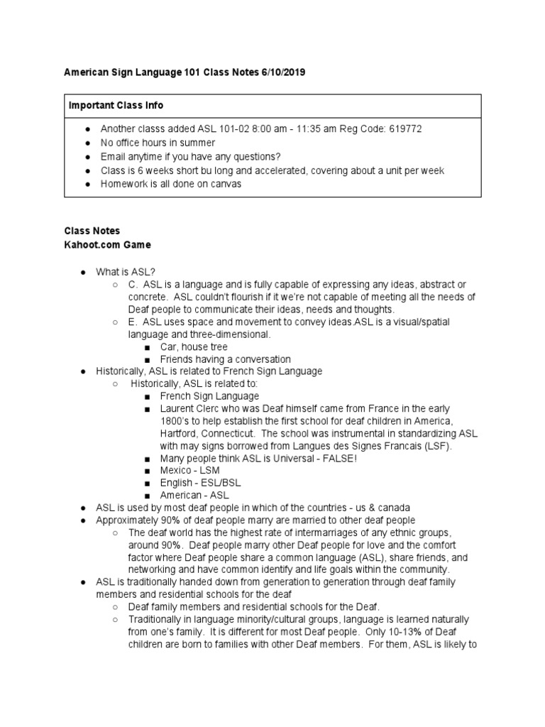 ASL 101 Notes - 06 - 10 - 2019 | PDF | American Sign Language | Sign ...