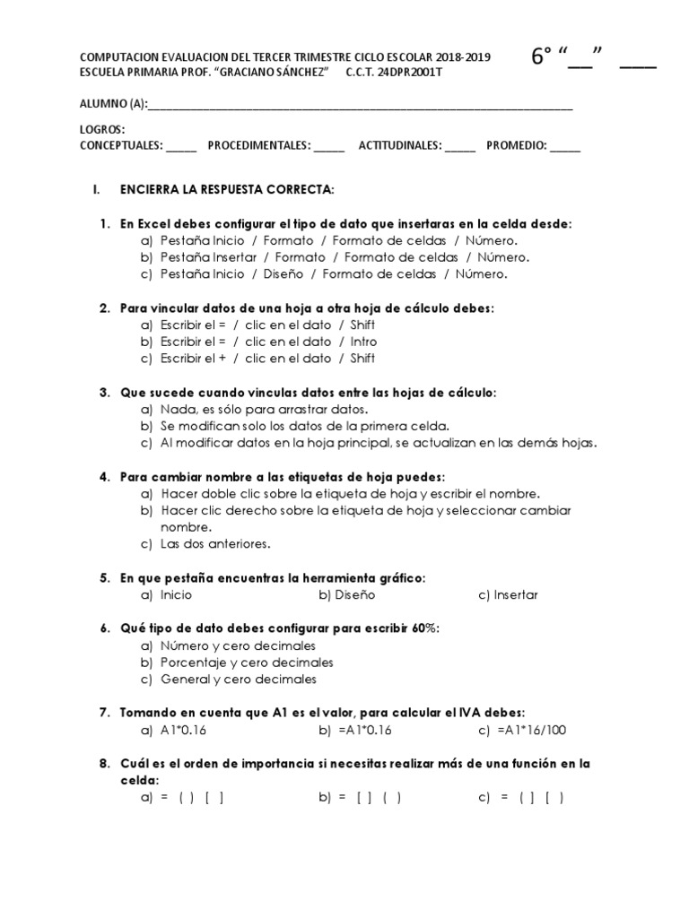 Examen 6° COMPUTACION | PDF | Microsoft Excel | Hoja de cálculo