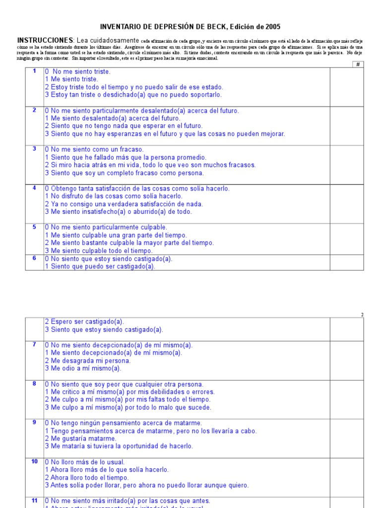 Escala de Depresión de Beck | PDF | Depresión (estado de ánimo ...