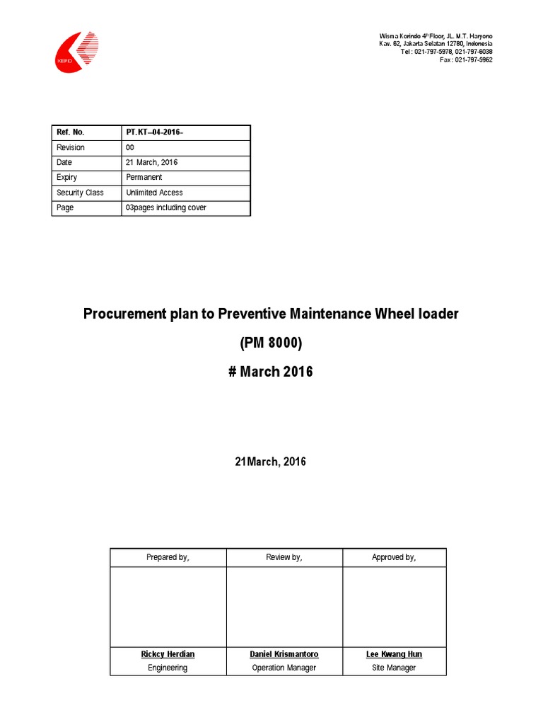 Procurement Plan To Preventive Maintenance Wheel Loader (PM 8000 ...