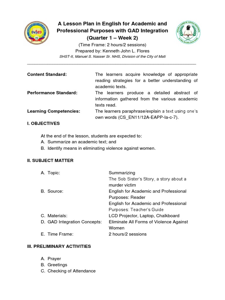 Gad Integrated Lesson Plan - 3 | Violence | Lesson Plan