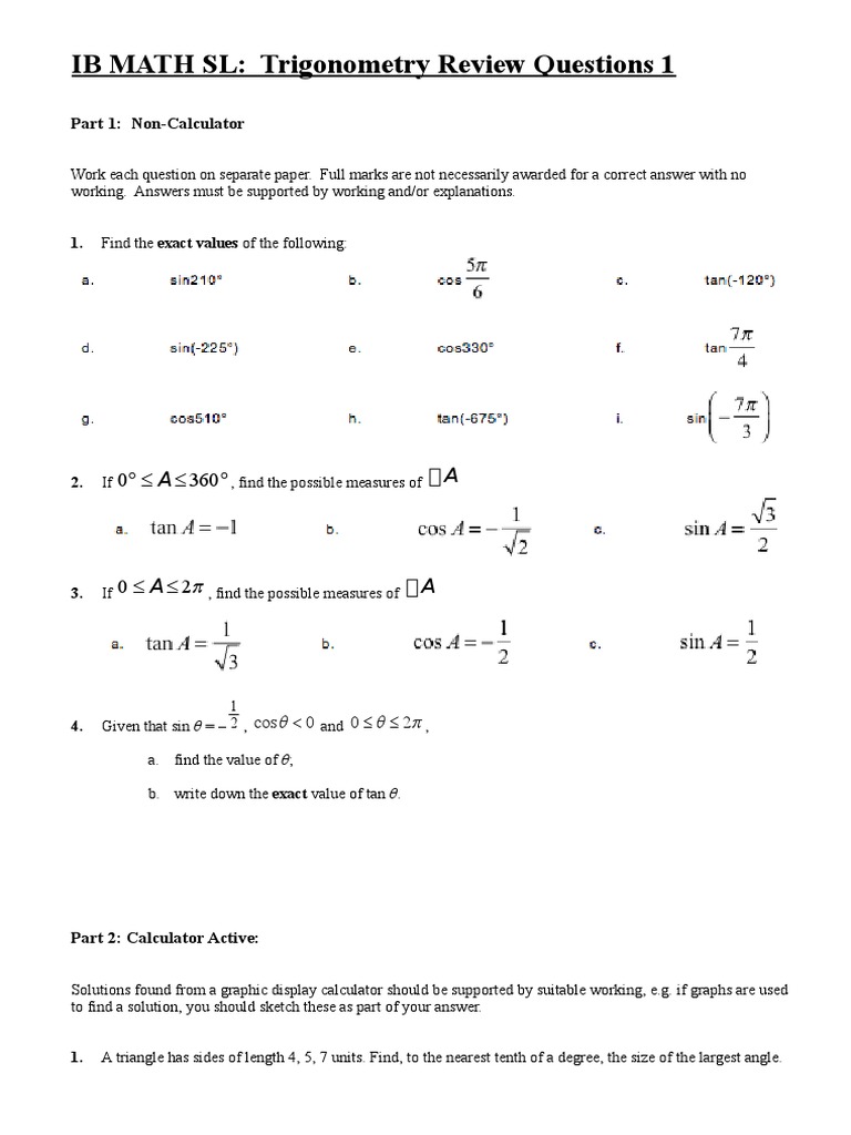 REVIEW QUESTIONS - Triangle Trigonometry, Arcs and Sectors, Unit Circle ...