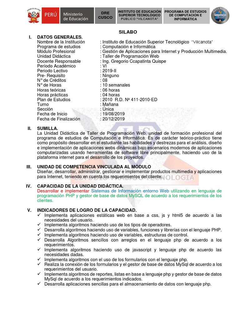 Silabos Taller de Programacion Web - 2019 | PDF | Php | Lenguaje de programación