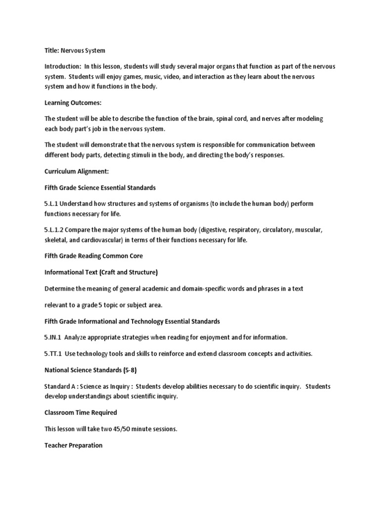 Nervous System Lesson Plan | Download Free PDF | Nervous System | Brain