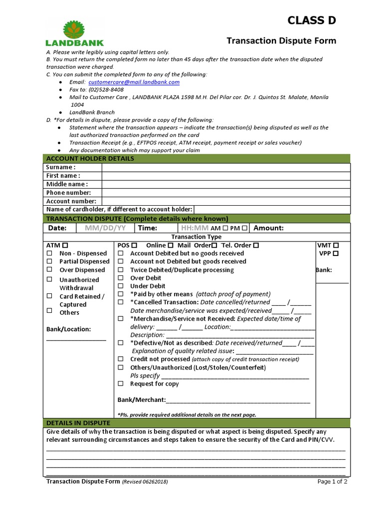 Approved Revised Transaction Dispute Form 062618 PDF | PDF | Debit Card ...