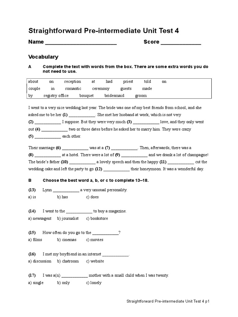 Unit Test 4 | PDF | Bridesmaid | Social Conventions