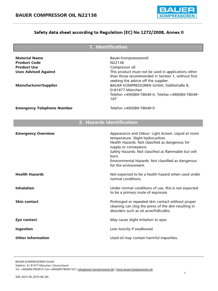 Bauer Compressor Oil N22138 Safety Data | PDF | Toxicity | Personal ...