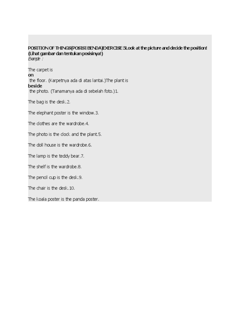 Position of Things in English Exercises | PDF