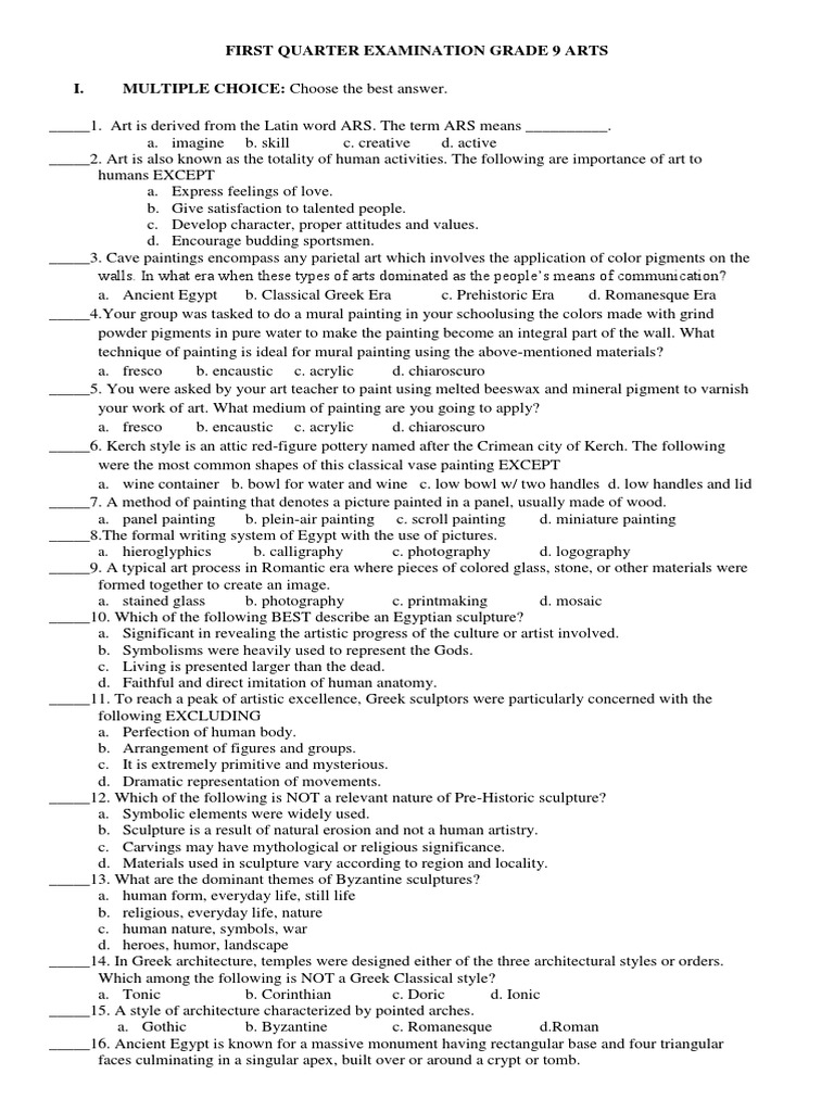 First Quarter Examination Grade 9 Arts | PDF | Paintings | Sculpture