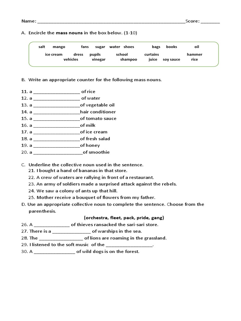 Grammar Worksheet: Identifying Mass Nouns, Count Nouns, and Collective ...