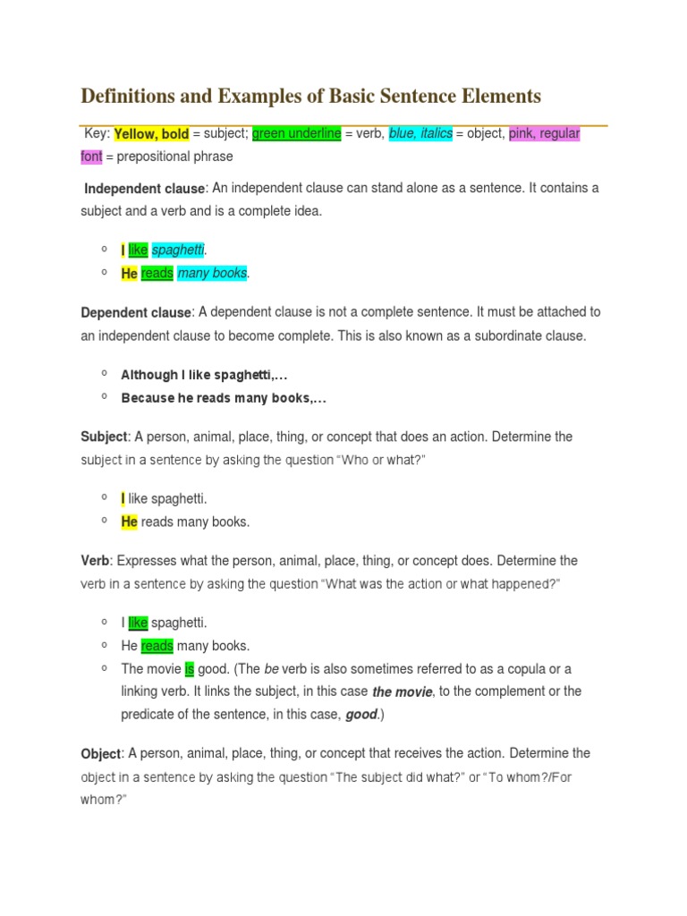 Definitions and Examples of Basic Sentence Elements | PDF | Sentence (Linguistics) | Subject ...