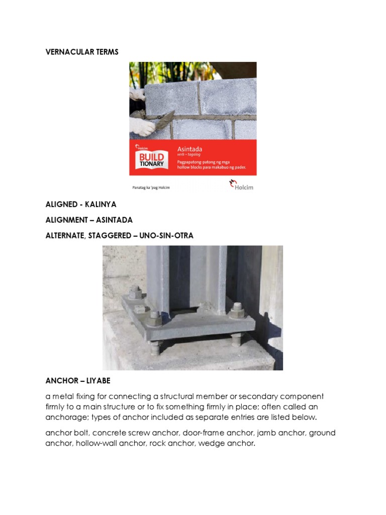 Tagalog Vernacular Construction Terms | PDF | Masonry | Mortar (Masonry)