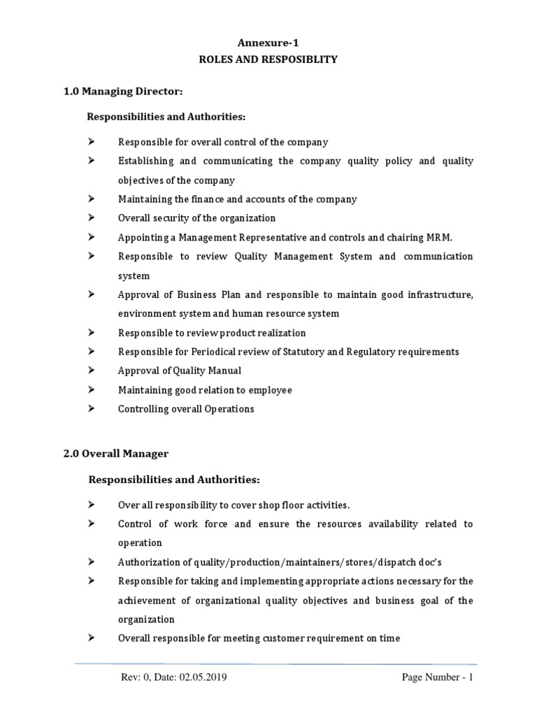 Roles and Resposiblity-Sample | PDF | Iso 9000 | Quality Management System