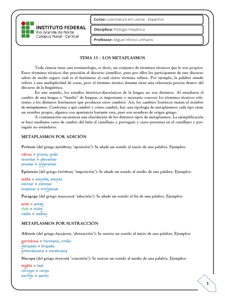 Tipos y Ejemplos de Metaplasmos | PDF | Vocal | Lengua española