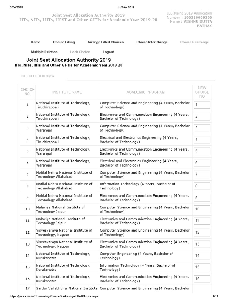 Joint Seat Allocation Authority 2019: Filled Choice (S) | PDF ...