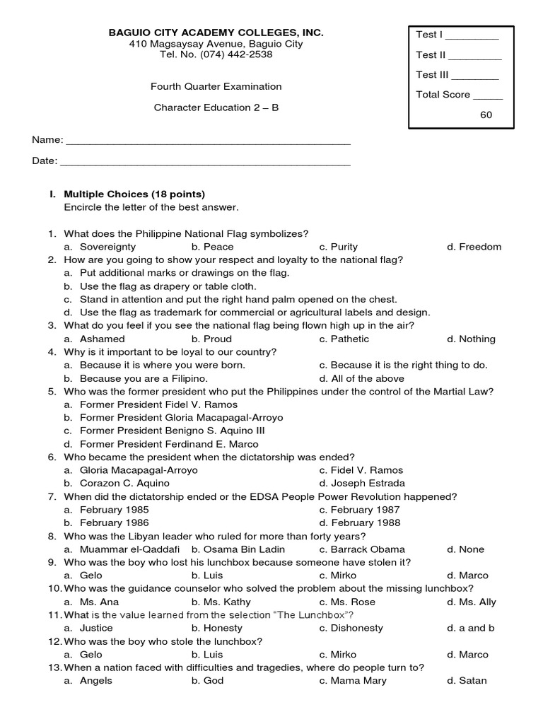 Fourth Grading Exam Values | PDF | President Of The Philippines | World ...