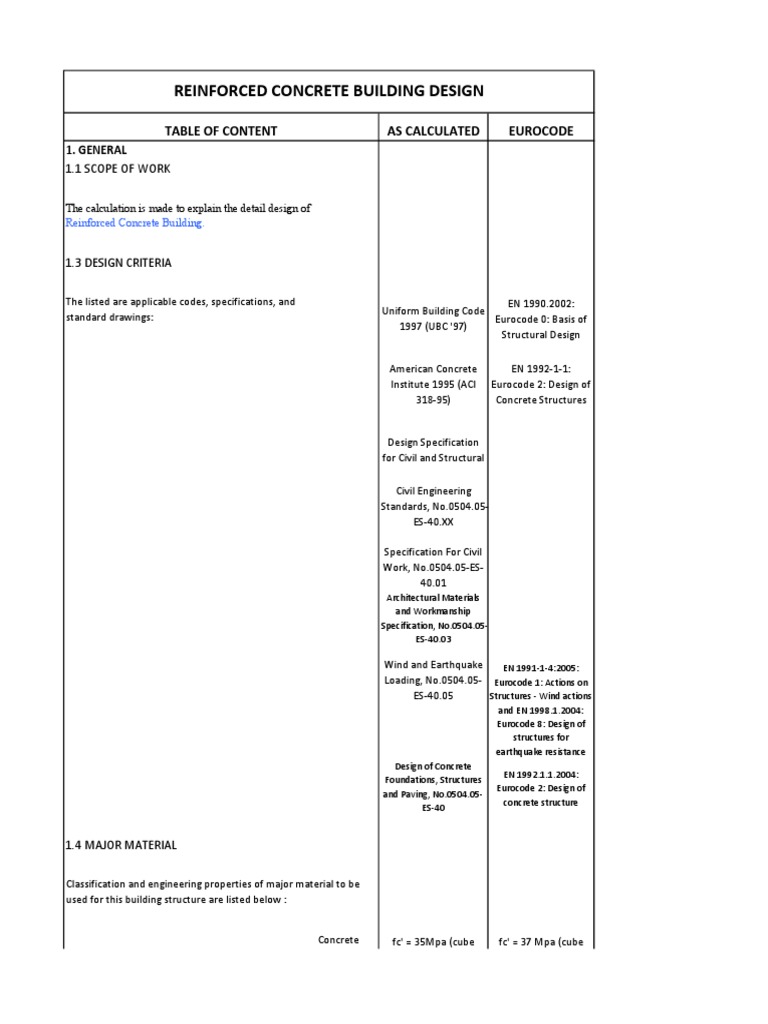 Reinforced Concrete Building Design: As Calculated Eurocode Table of ...