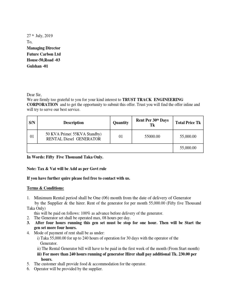 Minimum Rental Period Shall Be One (06) Month From The Date of Delivery ...