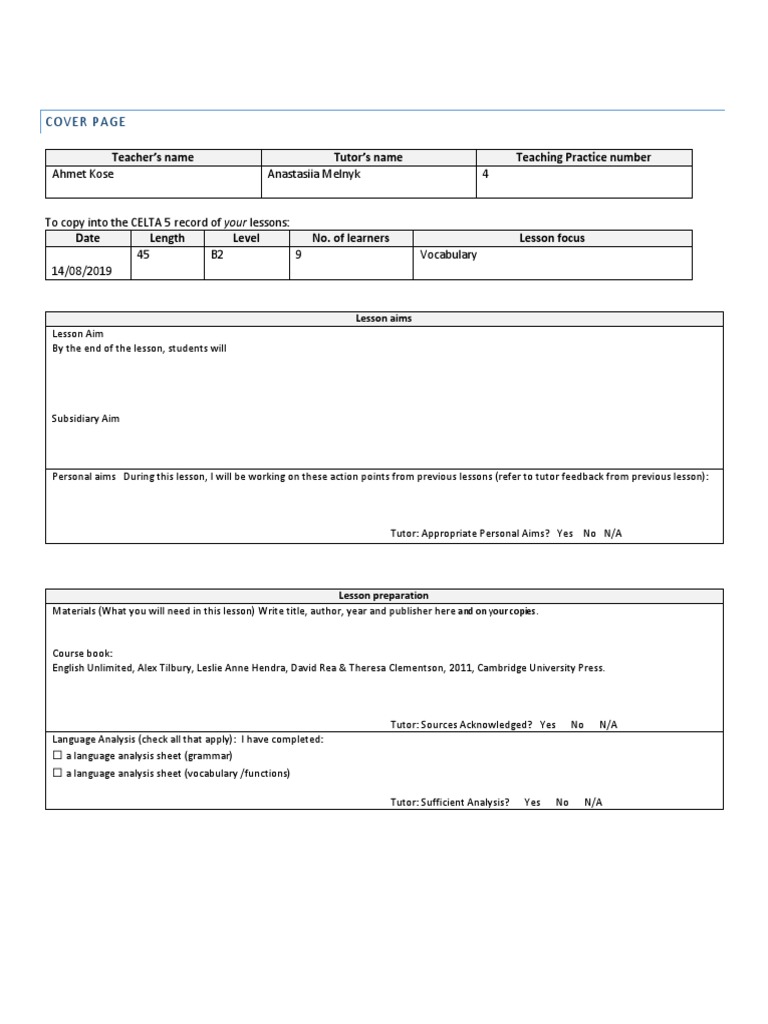 Celta Lesson Plan 4 | PDF | Tutor | Applied Psychology