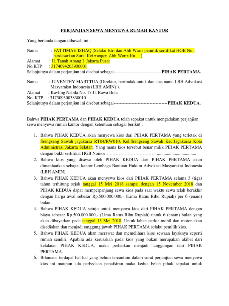 Perjanjian Sewa Kios | PDF