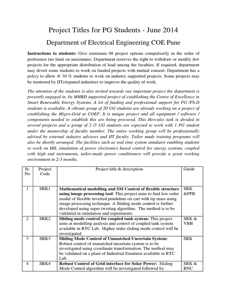 Project Titles For PG Students - June 2014: Department of Electrical ...