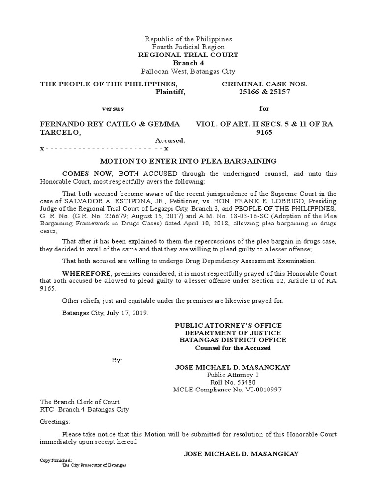 Motion for Plea Bargaining in Drug Case | PDF | Plea | Plea Bargain