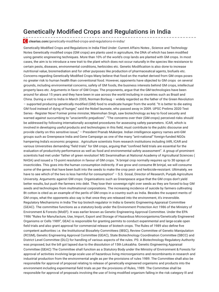 Genetically Modified Crops and Regulations in India | PDF | Genetically ...