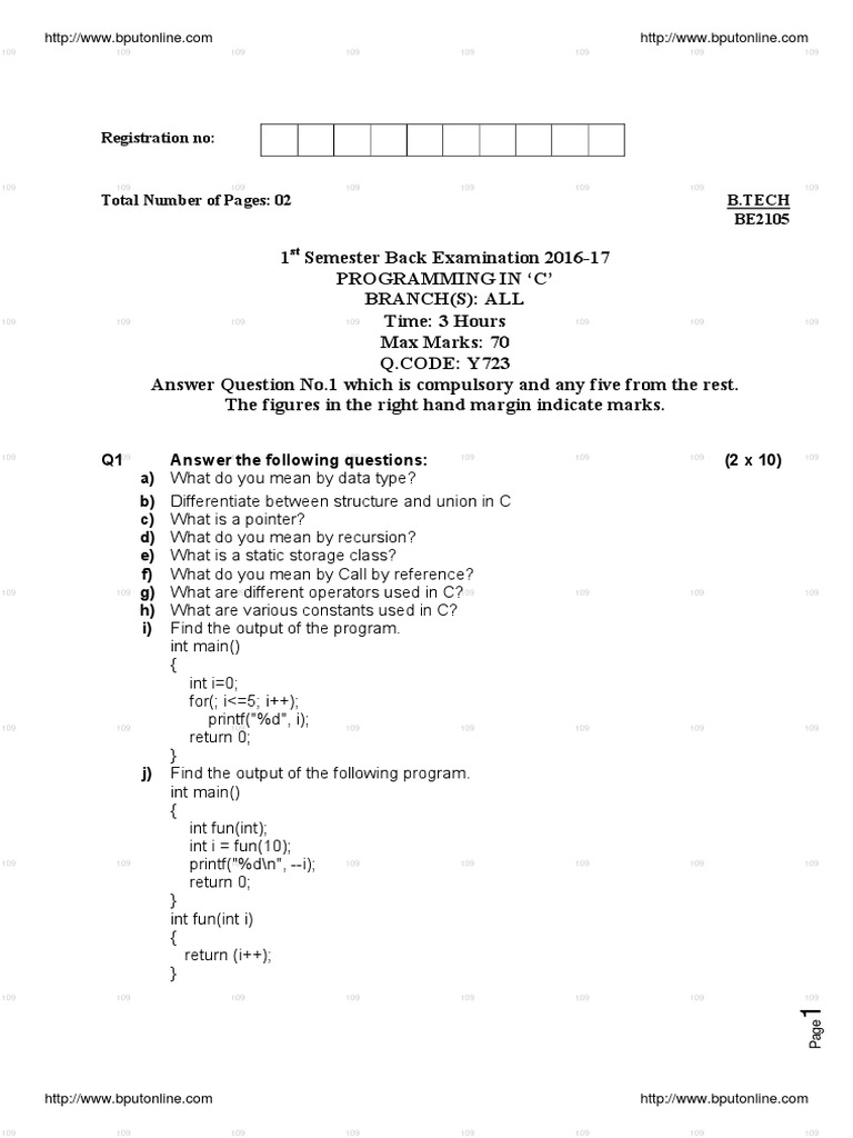 Sample Programming Exam In C Language With Questions On Data Types Operators Functions Arrays