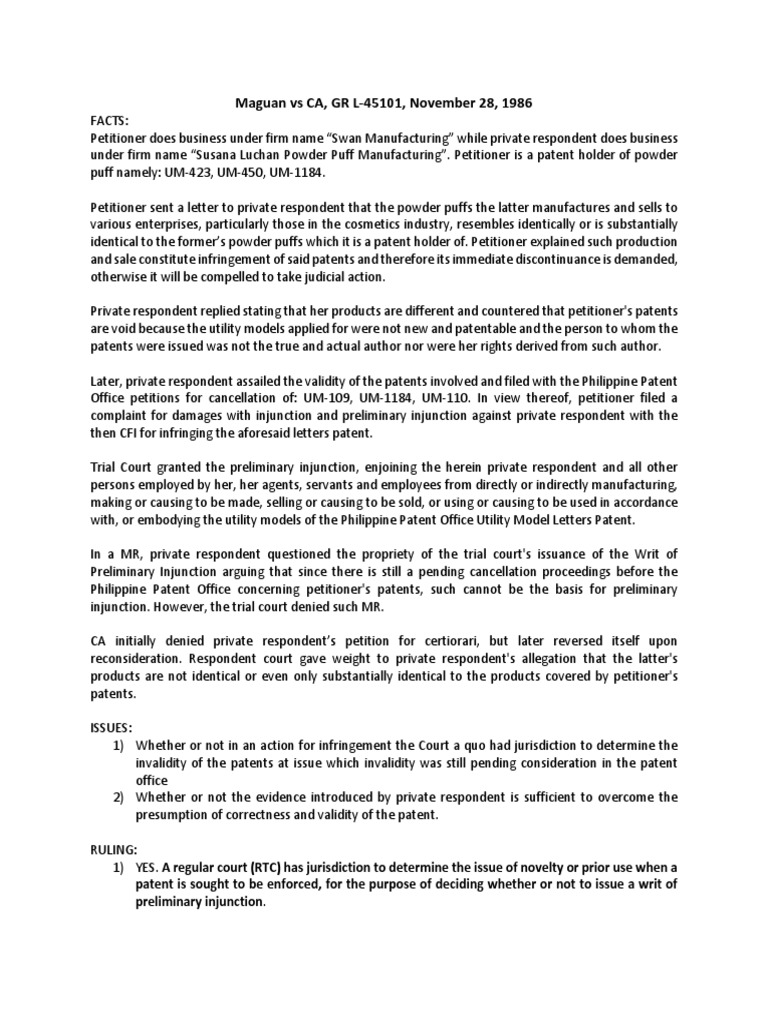 Maguan Vs CA Digest | PDF | Patent | Patent Infringement