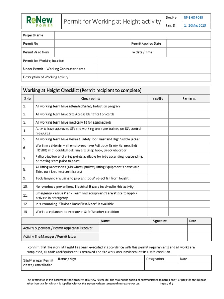 Working at Height Permit Checklist | PDF | Safety | Business