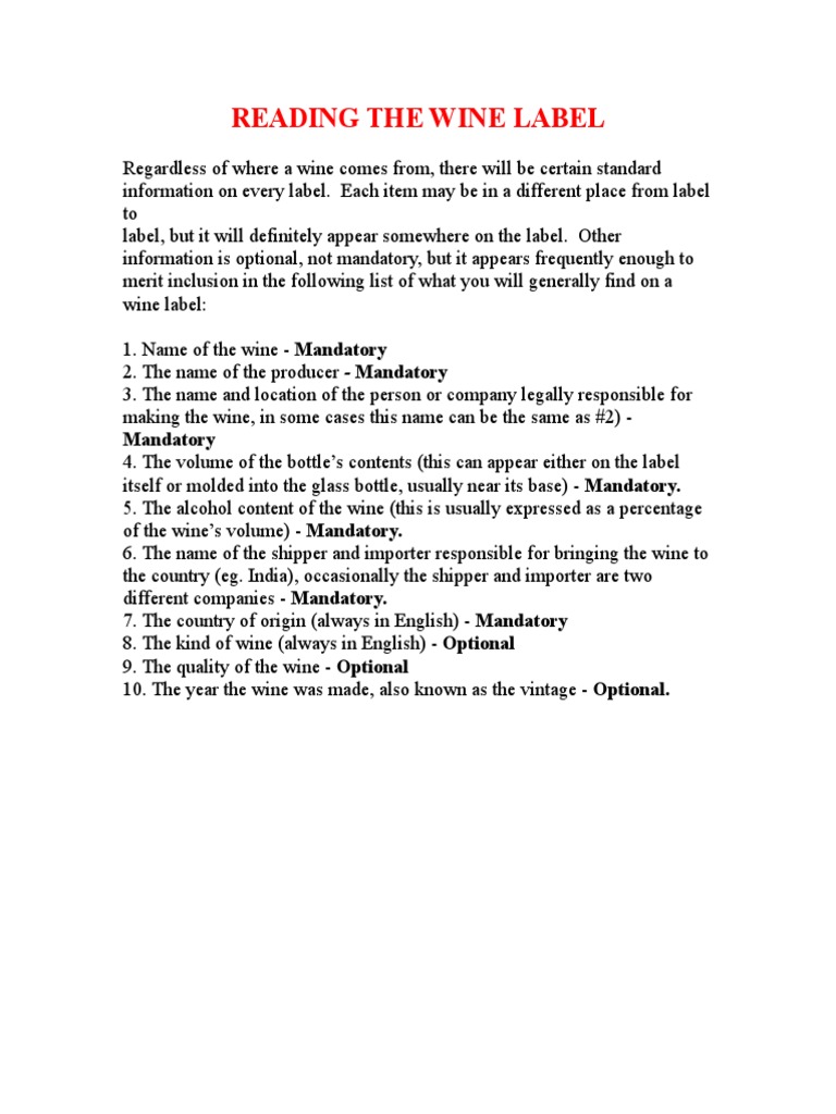 Reading The Wine Label: Mandatory Mandatory | PDF | Wine | Alcohol