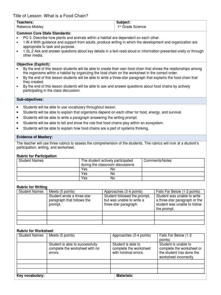 Food Chain Lesson Plan | PDF | Rubric (Academic) | Foods