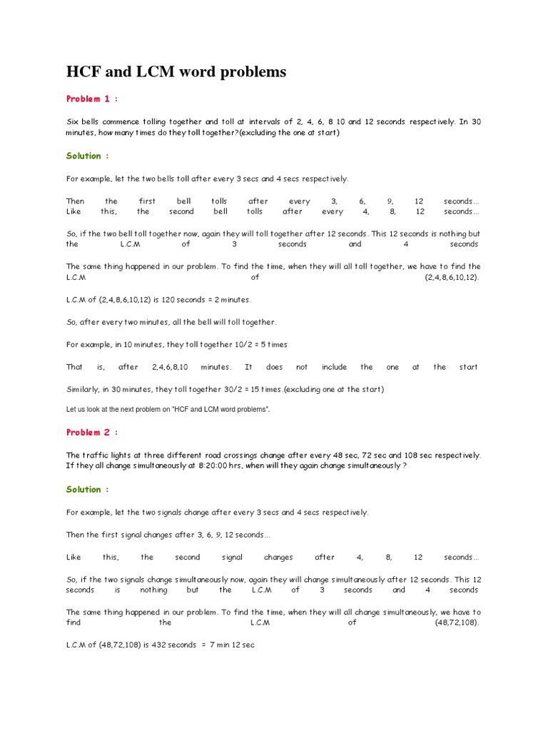 HCF and LCM Word Problems | PDF | Elementary Mathematics | Numbers
