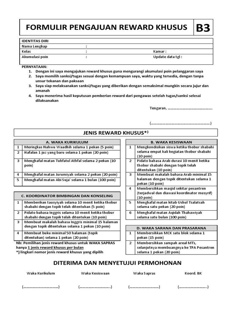 Formulir Reward Khusus | PDF