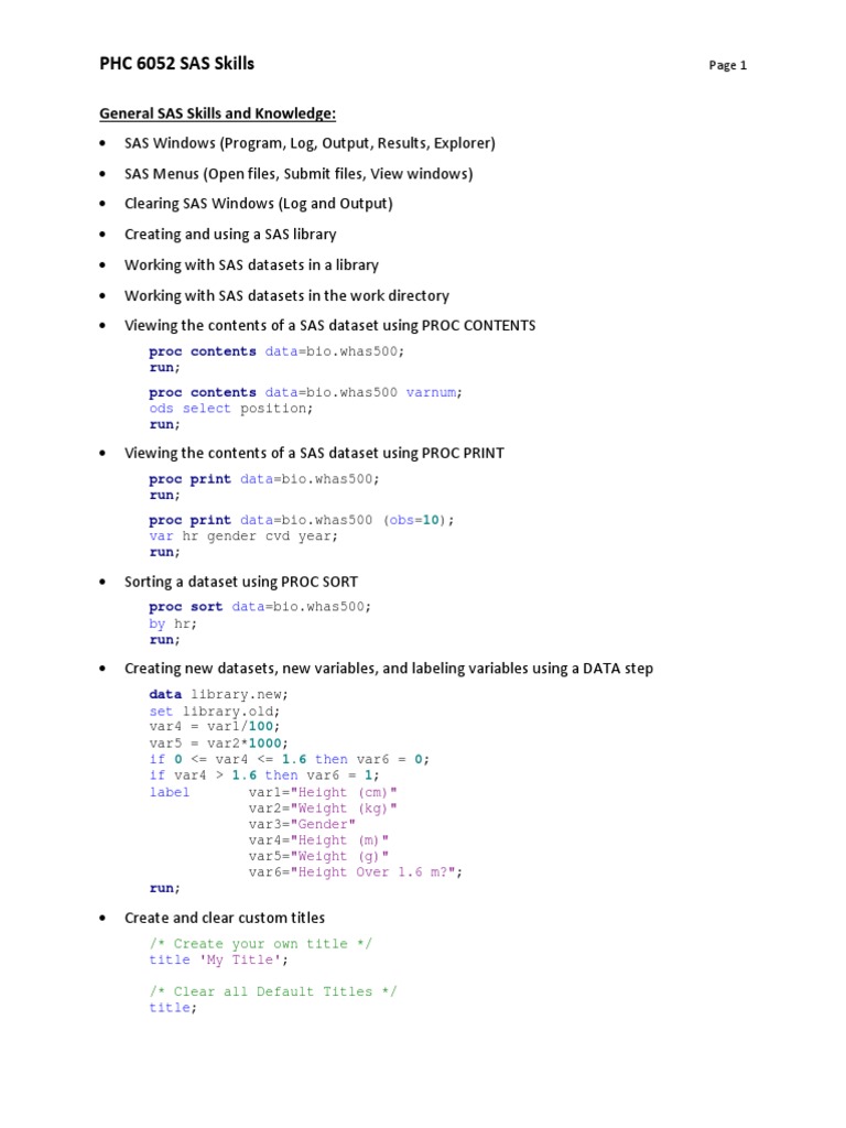 PHC 6052 SAS Skills | PDF | Student's T Test | Sas (Software)
