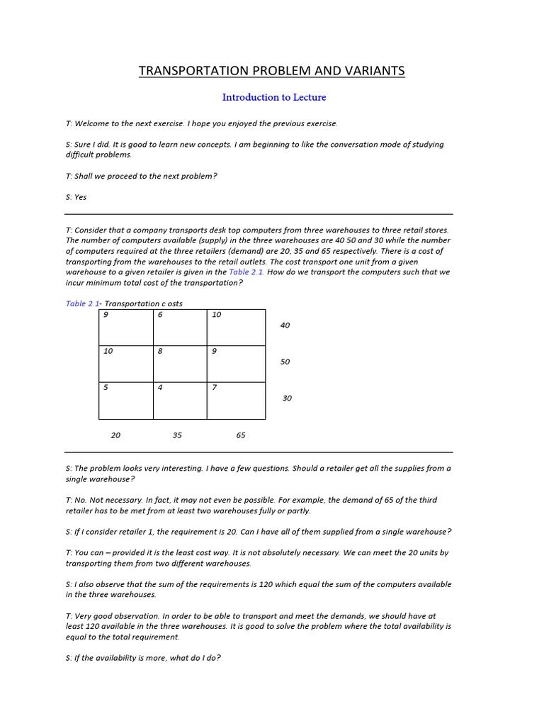 Transportation Problem and Variants: Introduction To Lecture | PDF ...