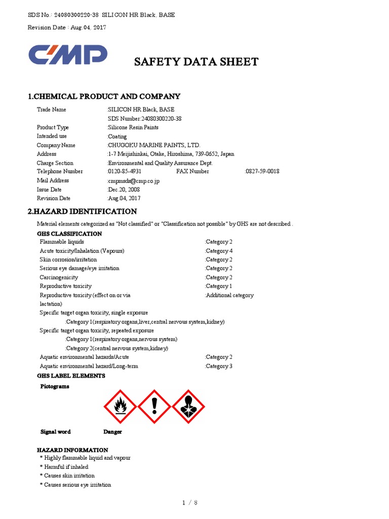Safety Data Sheet: 1.chemical Product and Company | PDF | Toxicity | Water