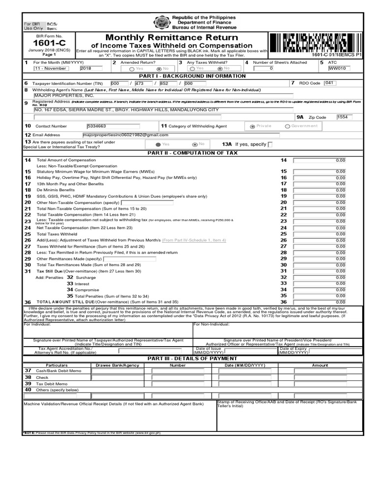 Withholding Compensation - 1601Cv2018 Form | PDF | Withholding Tax ...