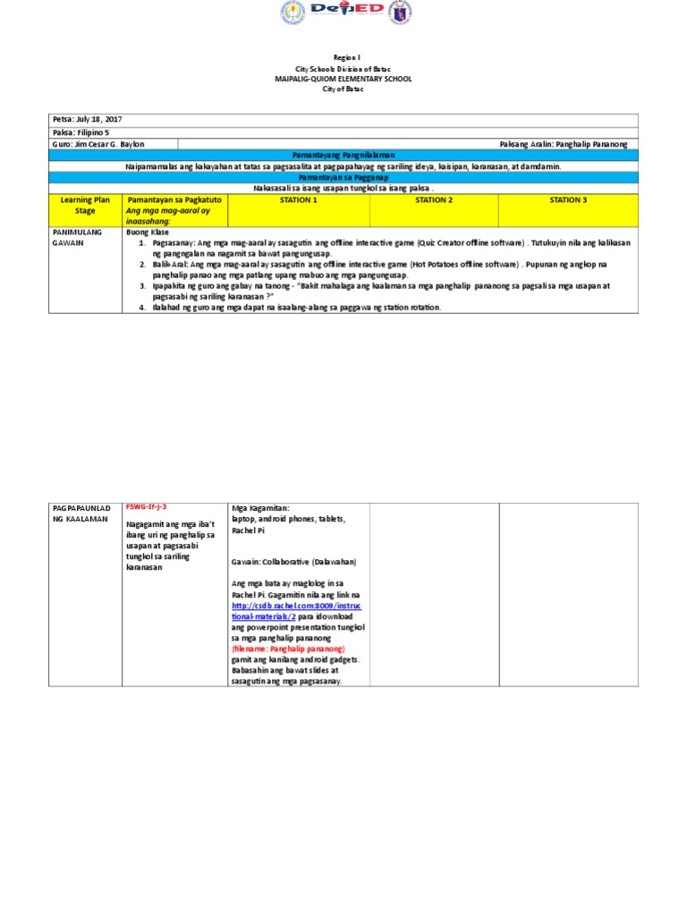 Lesson Plan-Filipino 5 (Station Rotation) | PDF