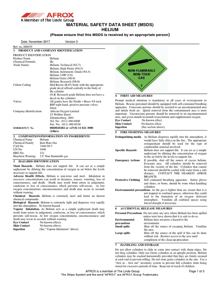 Material Safety Data Sheet (MSDS) Helium) : (Please Ensure That This MSDS Is Received by An ...